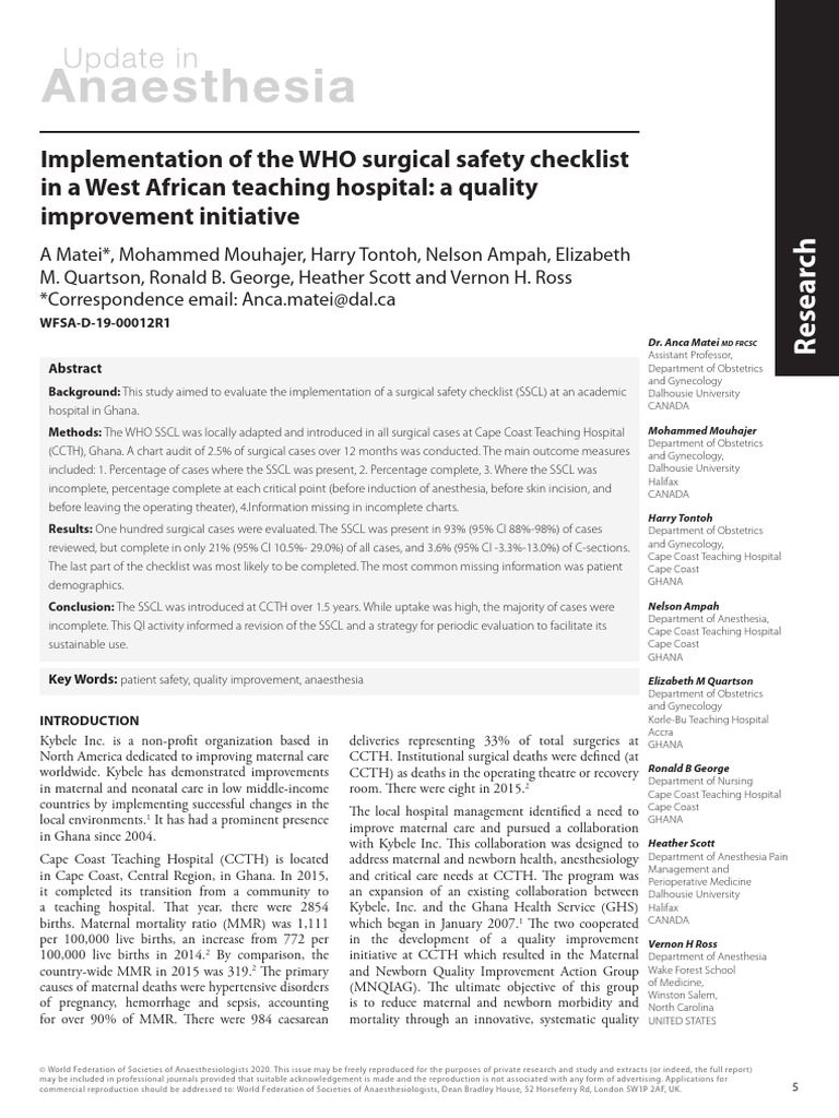 WHO Surgical Safety Checklist in Ghana | PDF | Maternal Death | Anesthesia