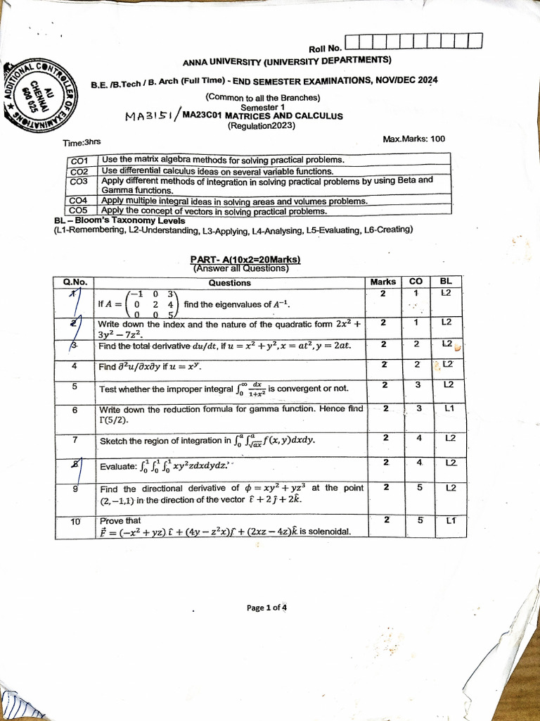 M1 Semester Question Paper | PDF