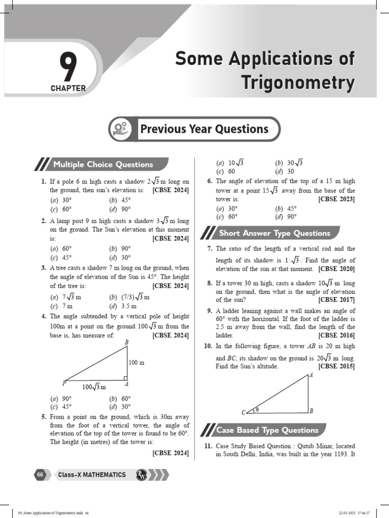 Trigonometry Applications: Class X MCQs | PDF | Angle | Shadow