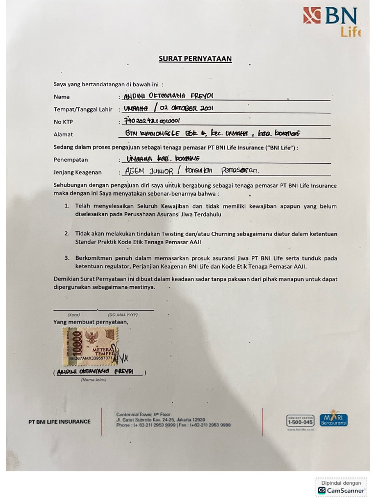 Surat Pernyataan BNI LIFE | PDF