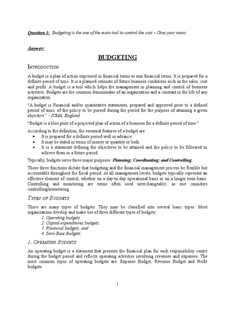 Budgeting Assignment | Budget | Expense