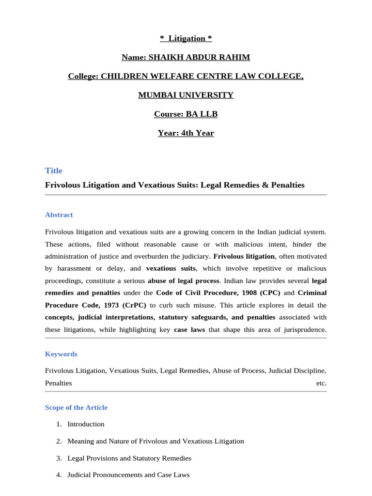Frivolous Litigation and Vexatious Suits LeDroit 1task | PDF ...
