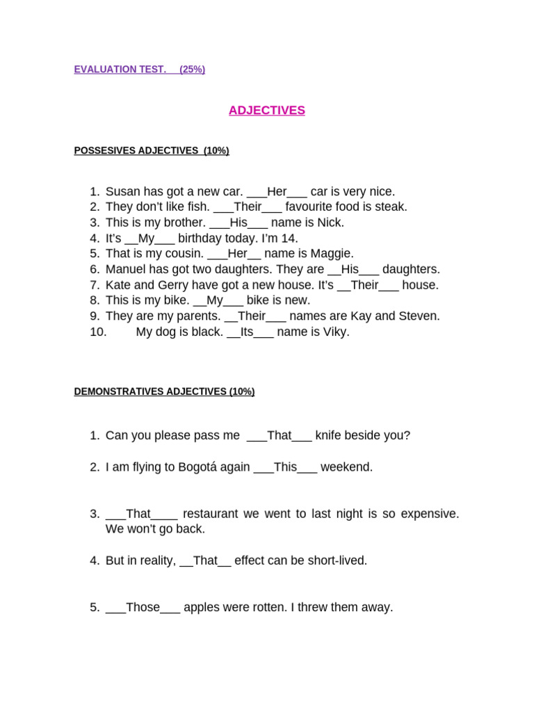 Adjective Evaluation Test for Students | PDF