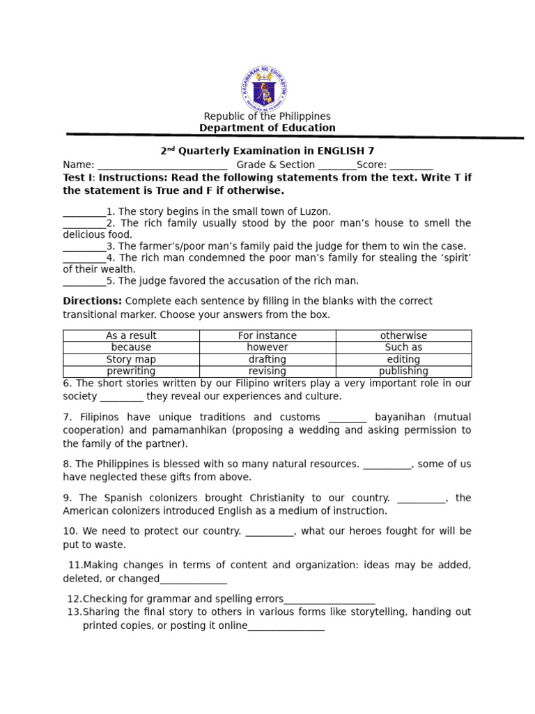 ENGLISH 7 2nd Quarter Exam (Matatag) | PDF | Human Communication | Writing
