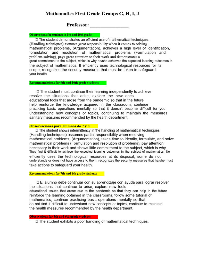 Observations and Recommendations For First Grade Secondary School | PDF ...
