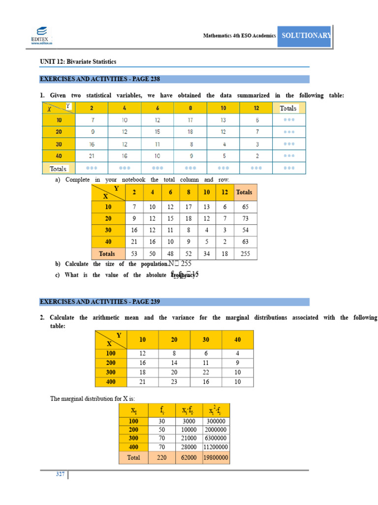 Bivariate Statistics Exercises for 4th ESO | PDF | Variance | Median
