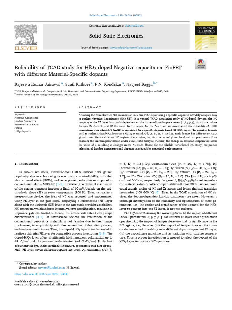 Reliability of TCAD Study For Hfo2 Doped Negative Capacitance FinFET ...