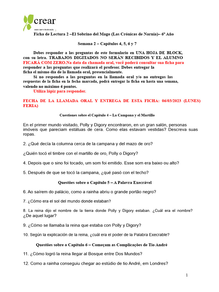 2 Ficha - El Sobrino Del Mago (Las Crónicas de Narnia) | PDF ...