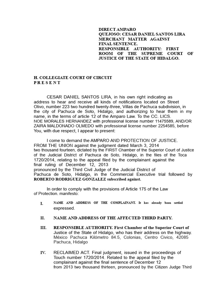 Direct Amparo Case: Santos Lira vs. Hidalgo | PDF | Lawsuit | Judge
