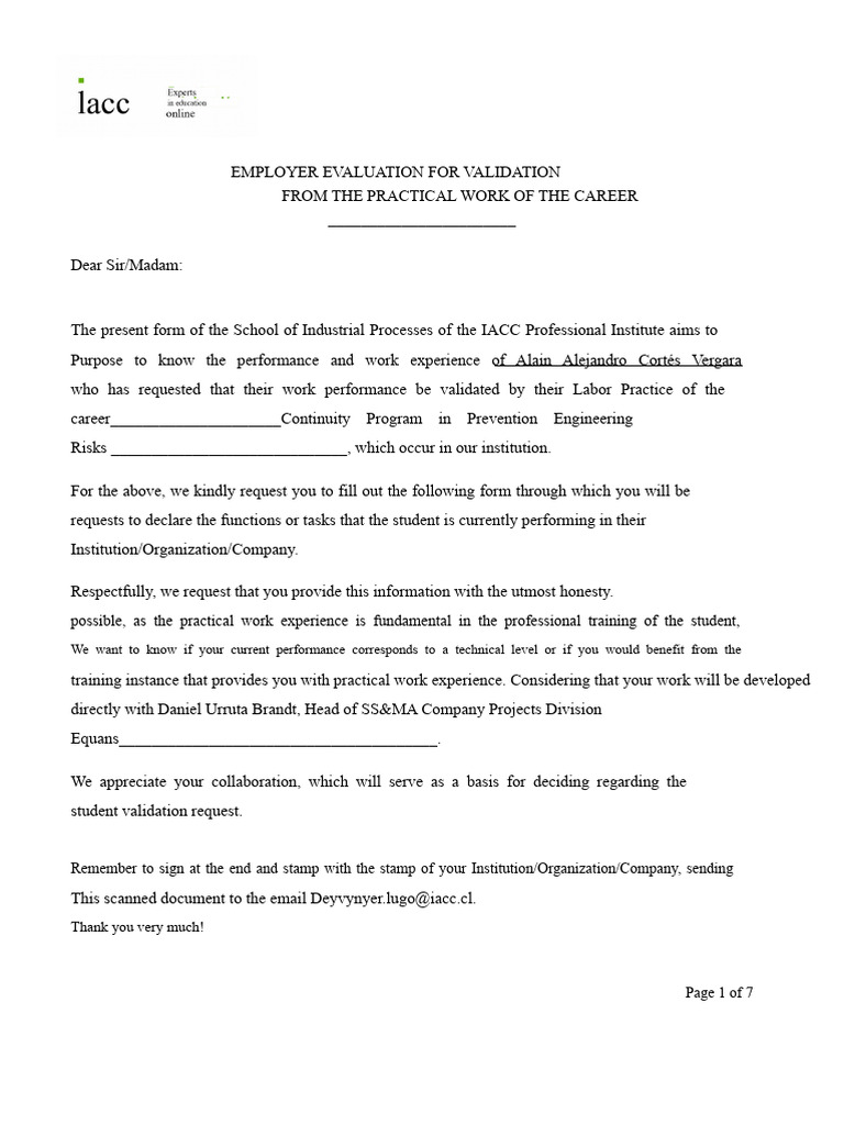 Employer Evaluation For The Validation of Work Practice | PDF ...