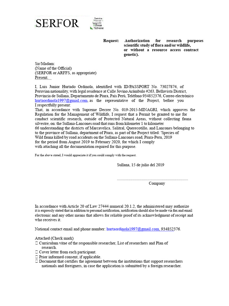 Research Permit Request for Wildlife Study | PDF