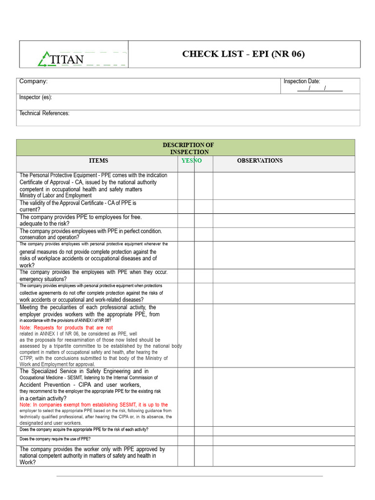 PPE Inspection Checklist - NR 06 | PDF | Personal Protective Equipment ...