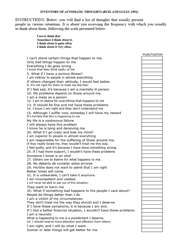 INVENTORY OF AUTOMATIC THOUGHTS and Cognitive Distortions | PDF ...