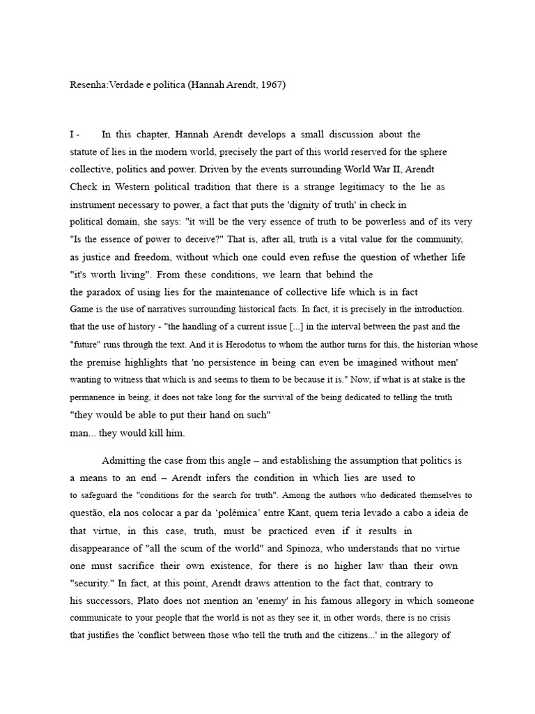 The Role of Lies in Politics: Arendt's Analysis | PDF | Truth | Reason