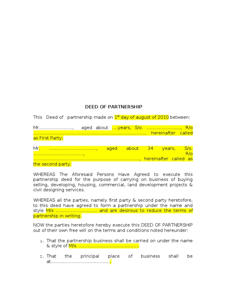 Deed of Partnership Establishing M/s. [Company Name] for Real Estate ...