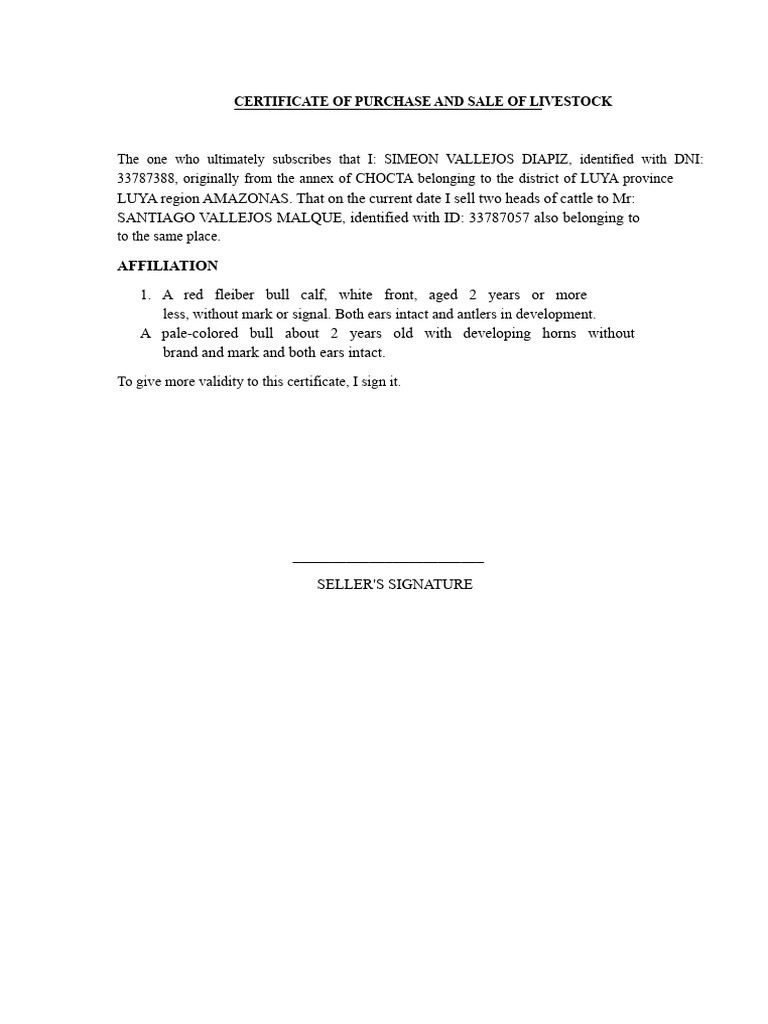 Livestock Purchase Certificate Template | PDF