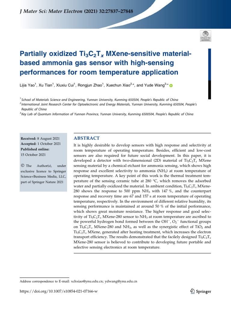 Partially Oxidized Ti3C2Tx MXene-sensitive Material-Based Ammonia Gas ...
