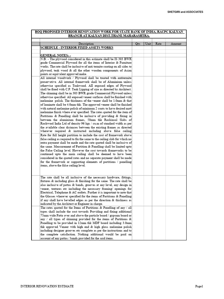 Boq Interior & Furnishing Estimate Sbi Racpc Kalyan Branch | PDF ...