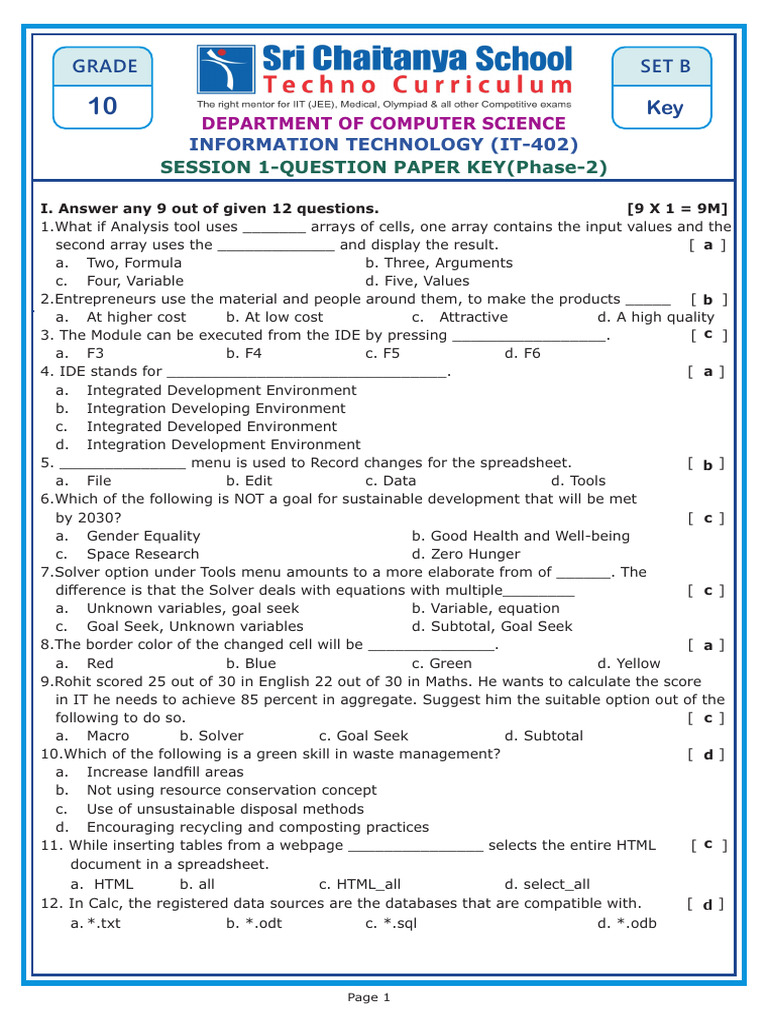 Grade 10 IT Session 1 Set B QP Key | PDF | Spreadsheet | Sustainability