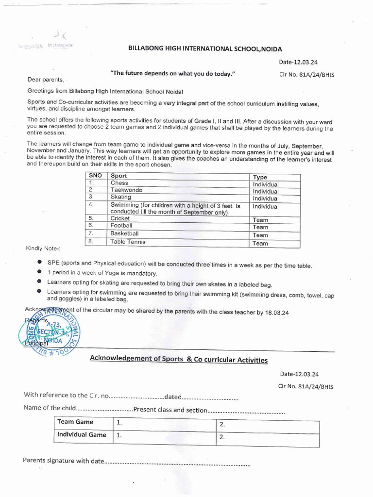 Sports and Co Curricular Activities Circular - Grades I and II | PDF