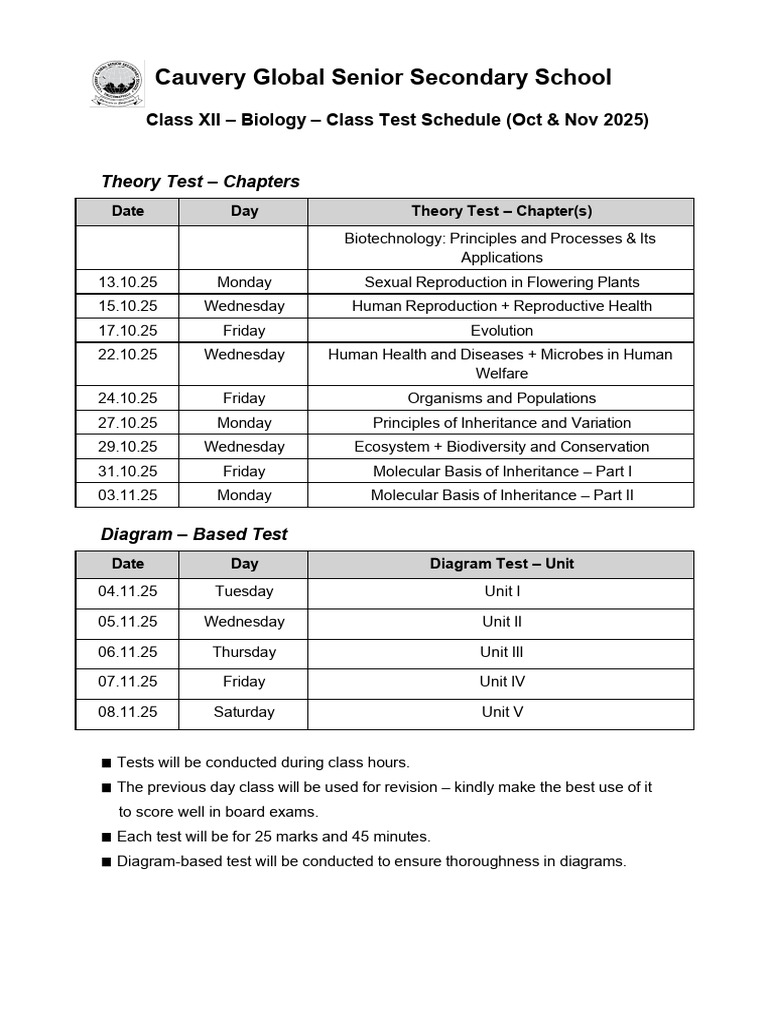 XII Test Schedule | PDF