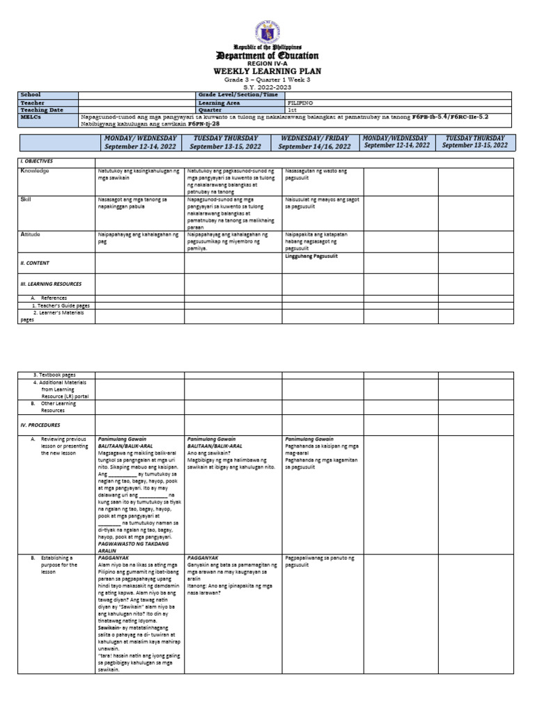 WLP Filipino 6 q1 w4 | PDF