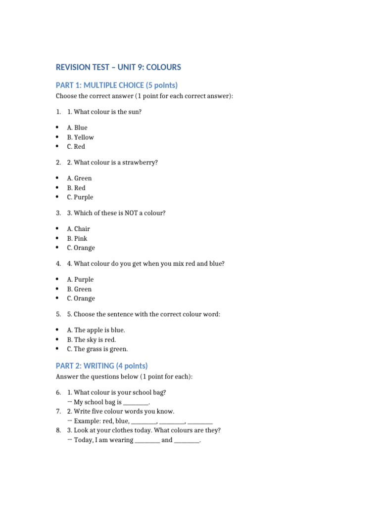 Unit 9 Colours Revision Test | PDF