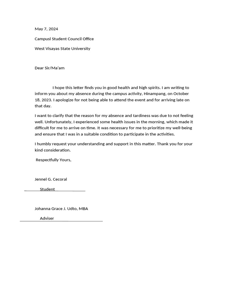 Apology for Absence at Hinampang Event | PDF