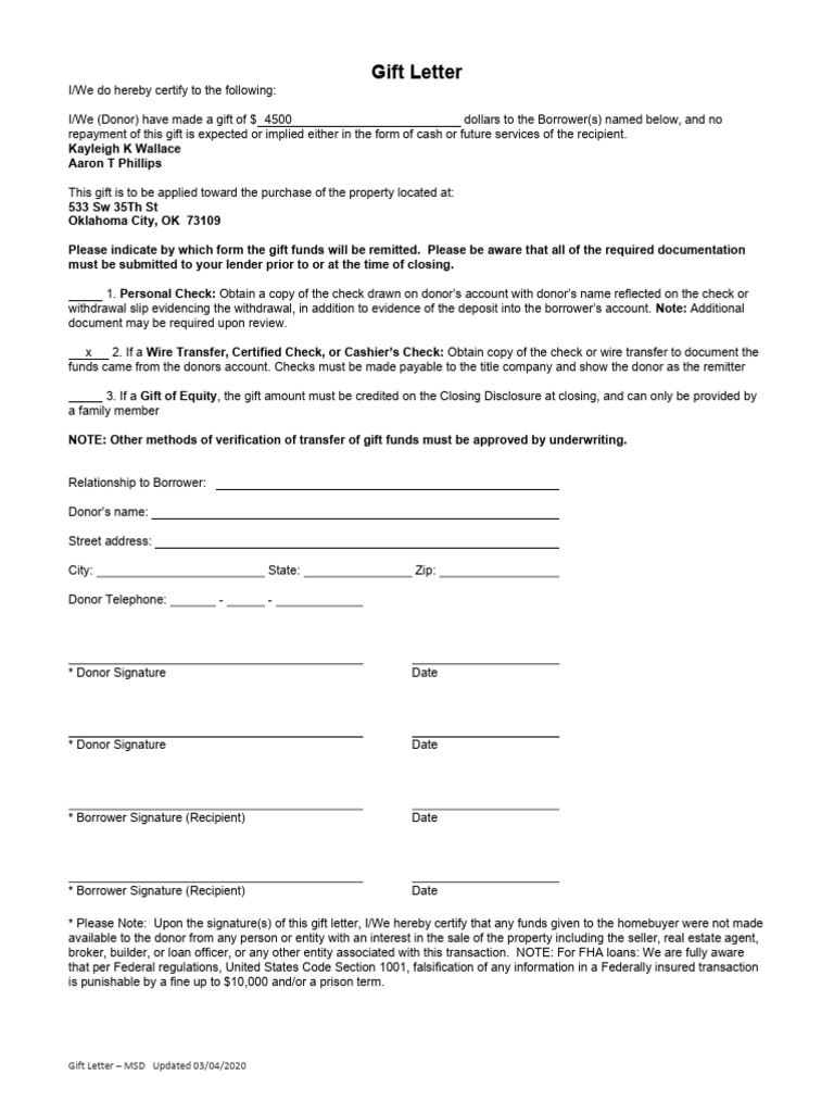 Gift Letter for Home Purchase Assistance | PDF | Loans | Debt