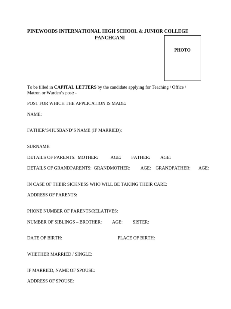 Pinewoods School Job Application Form | PDF
