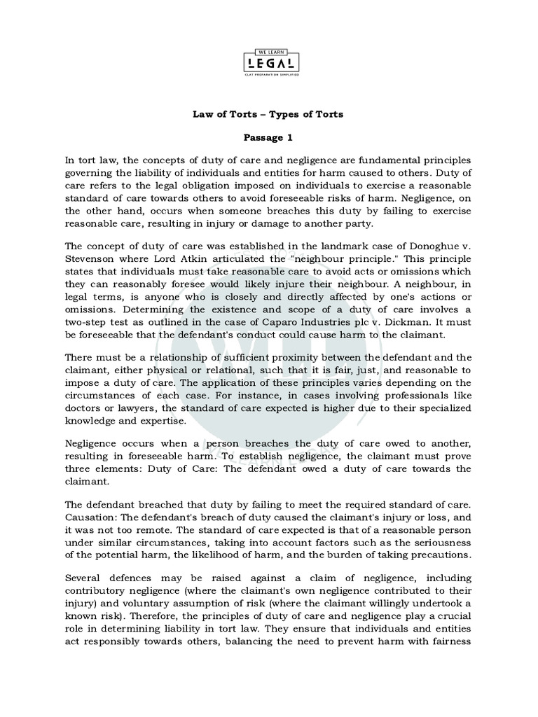 Law of Torts - Types of Torts | PDF | Duty Of Care | Negligence