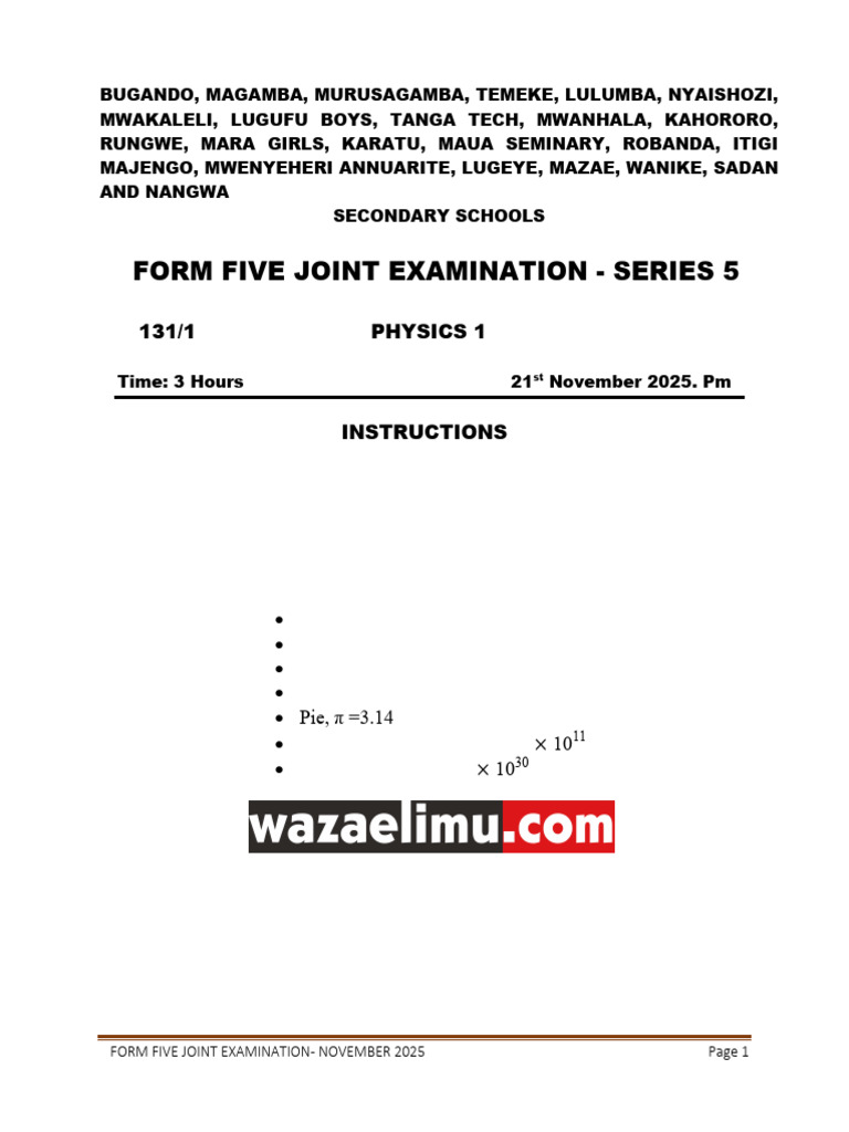 F v S5 P1,NOV, 2025 - WazaElimu.com | PDF | Force | Acceleration