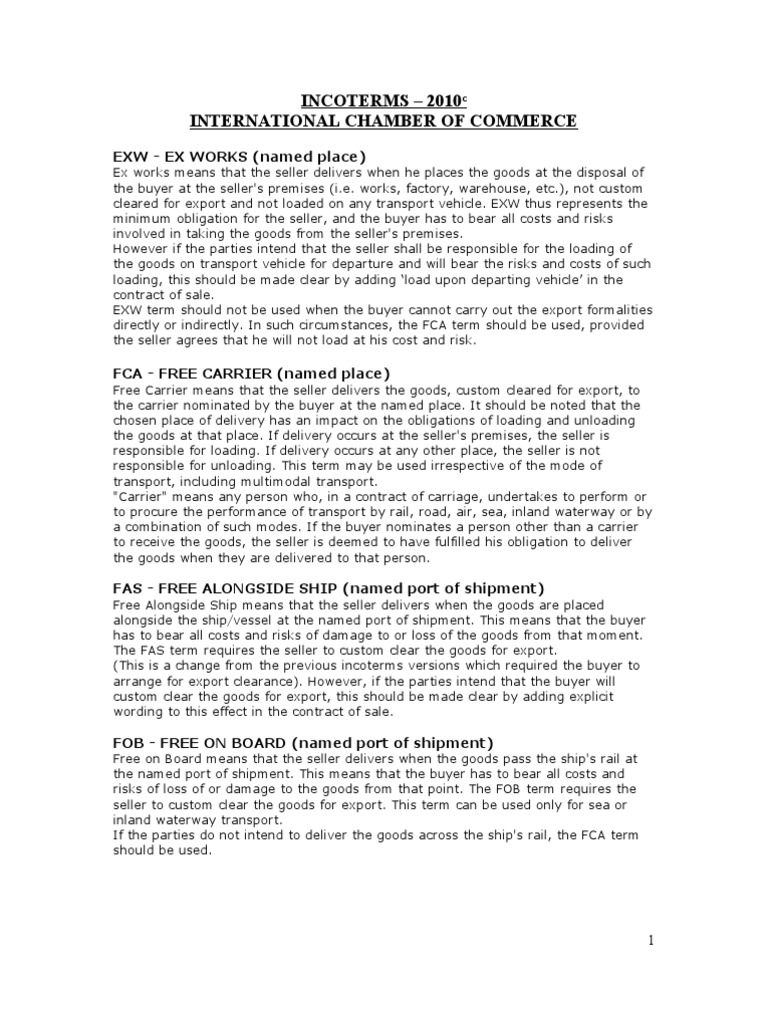 Incoterms - 2010 International Chamber of Commerce: EXW - EX WORKS ...