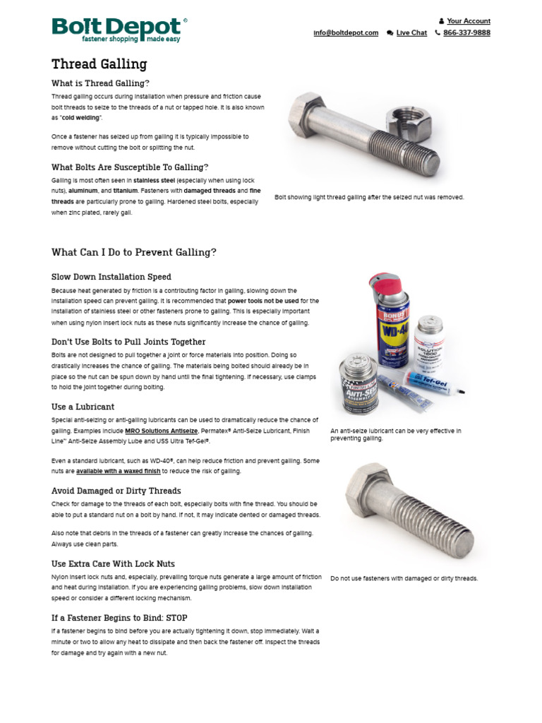 Bolt Depot - Thread Galling | PDF | Nut (Hardware) | Mechanical Engineering