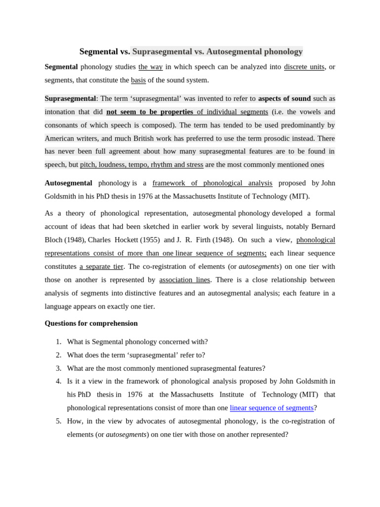 PHONO-Segmental vs. Suprasegmental vs. Autosegmental Phonology | PDF