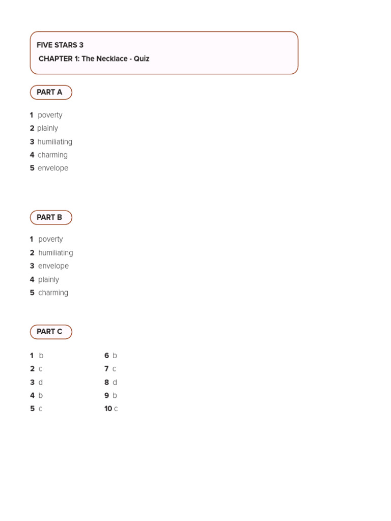 Chapter Quiz Answer Key - FIVE STARS 3 a Collection of Stories | PDF