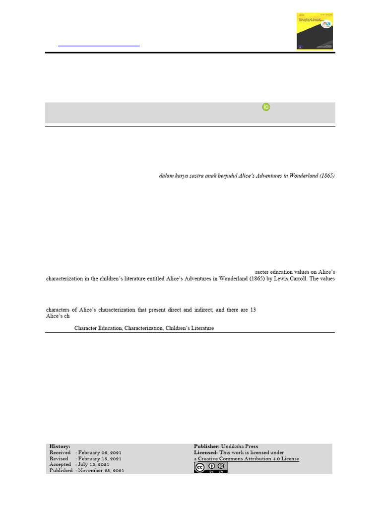 Character Education Values on Alice s Characterization in 1mrcddjw ...