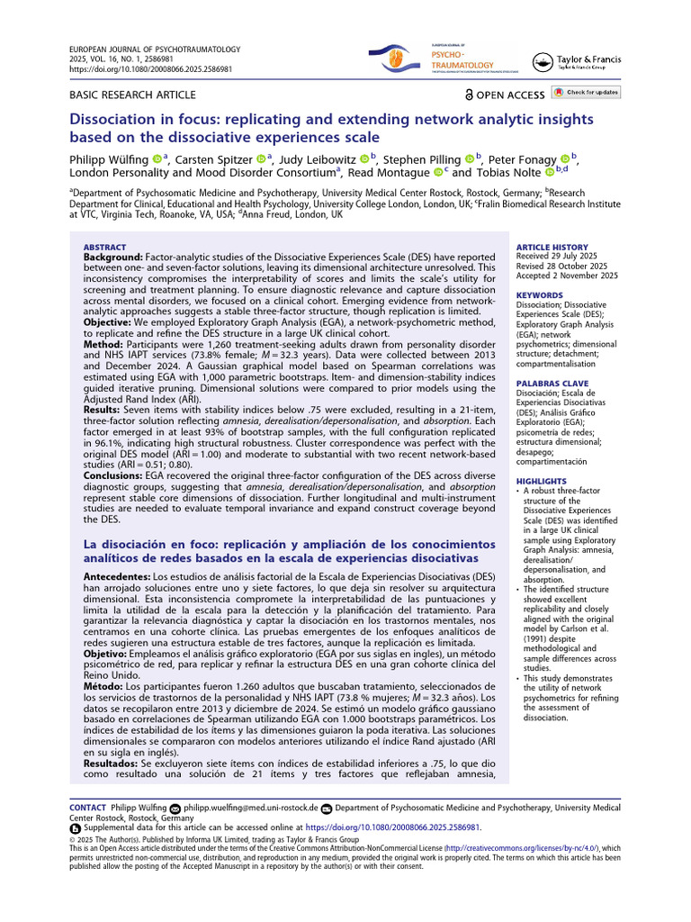 Dissociation in Focus: Replicating and Extending Network Analytic ...