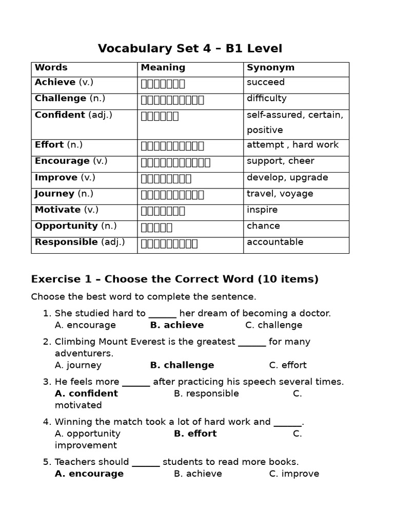 B1 Vocabulary Set 4: Key Words & Exercises | PDF | Linguistics