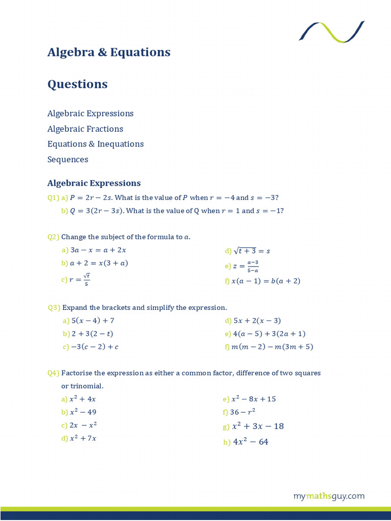 Algebra 1 Algebra Equations Questions | PDF | Equations | Algebra