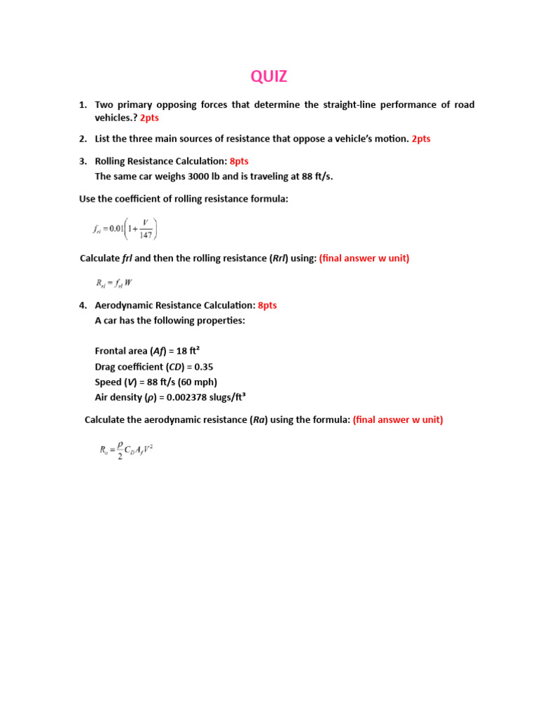 Vehicle Performance Resistance Quiz | PDF