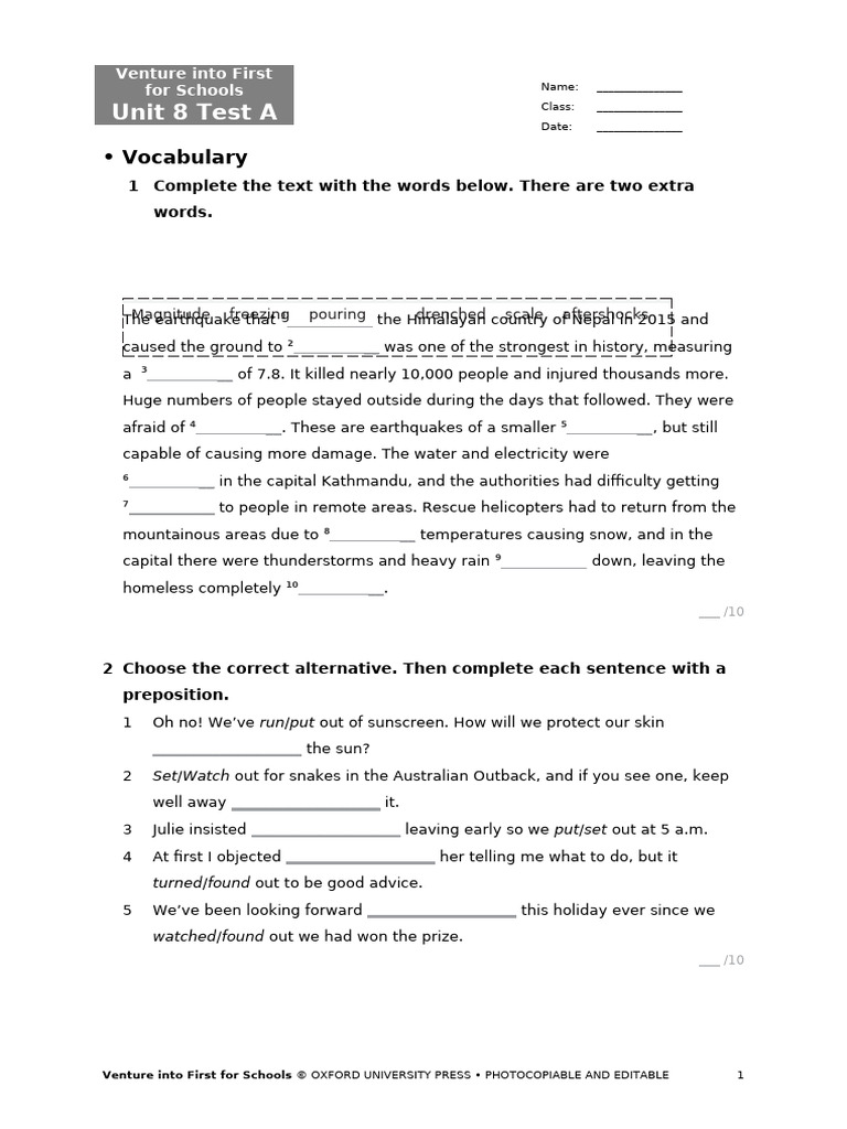 Venture into First Unit 8 Test A | PDF