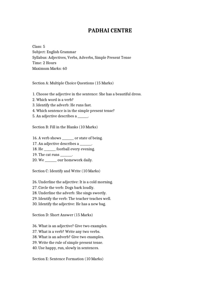 Class 5 Grammar Question Paper | PDF