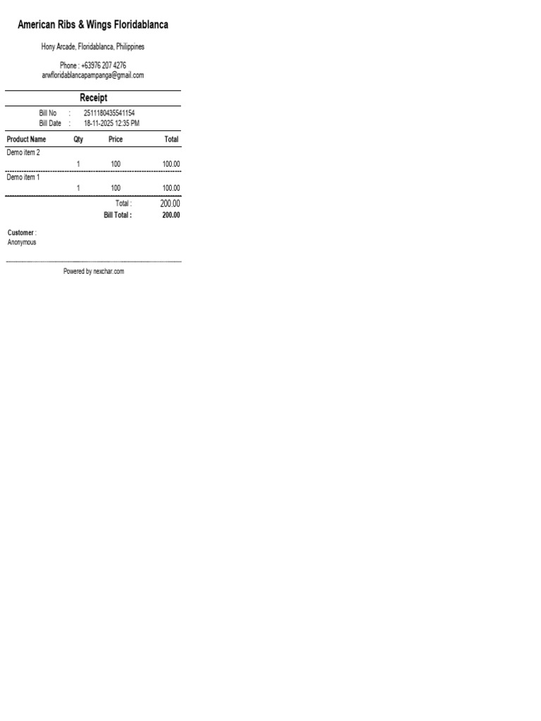 Receipt: American Ribs & Wings Floridablanca | PDF