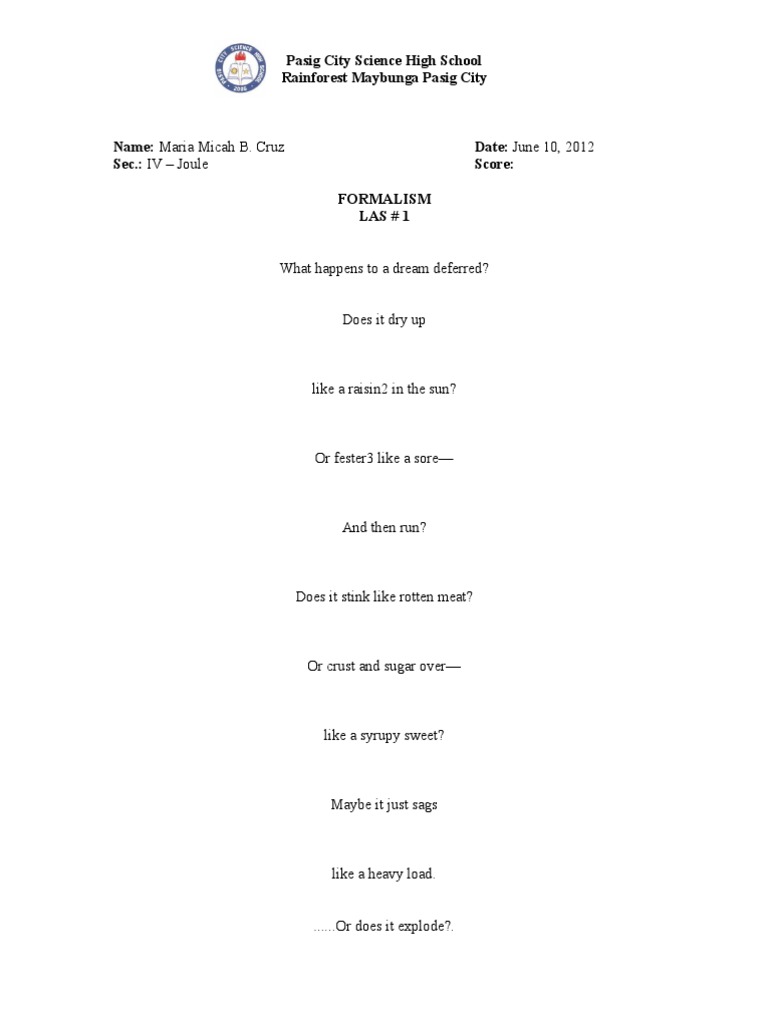 Analyzing "Dream Deferred" Poem | PDF