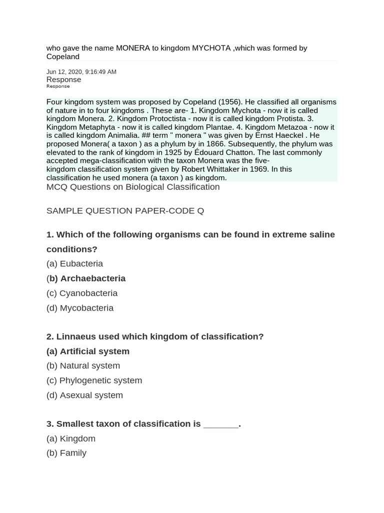 MCQ Questions On Biological Classification | PDF | Taxonomy (Biology ...