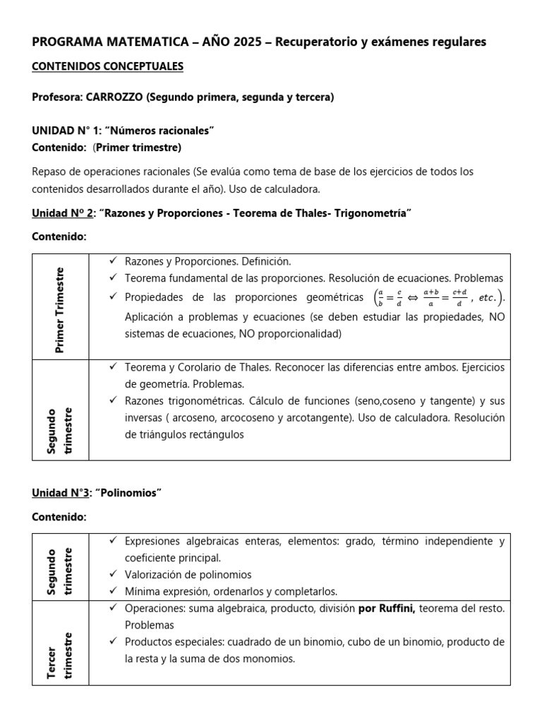 Programa Matemática 2025: Contenidos y Evaluaciones | PDF | Función ...