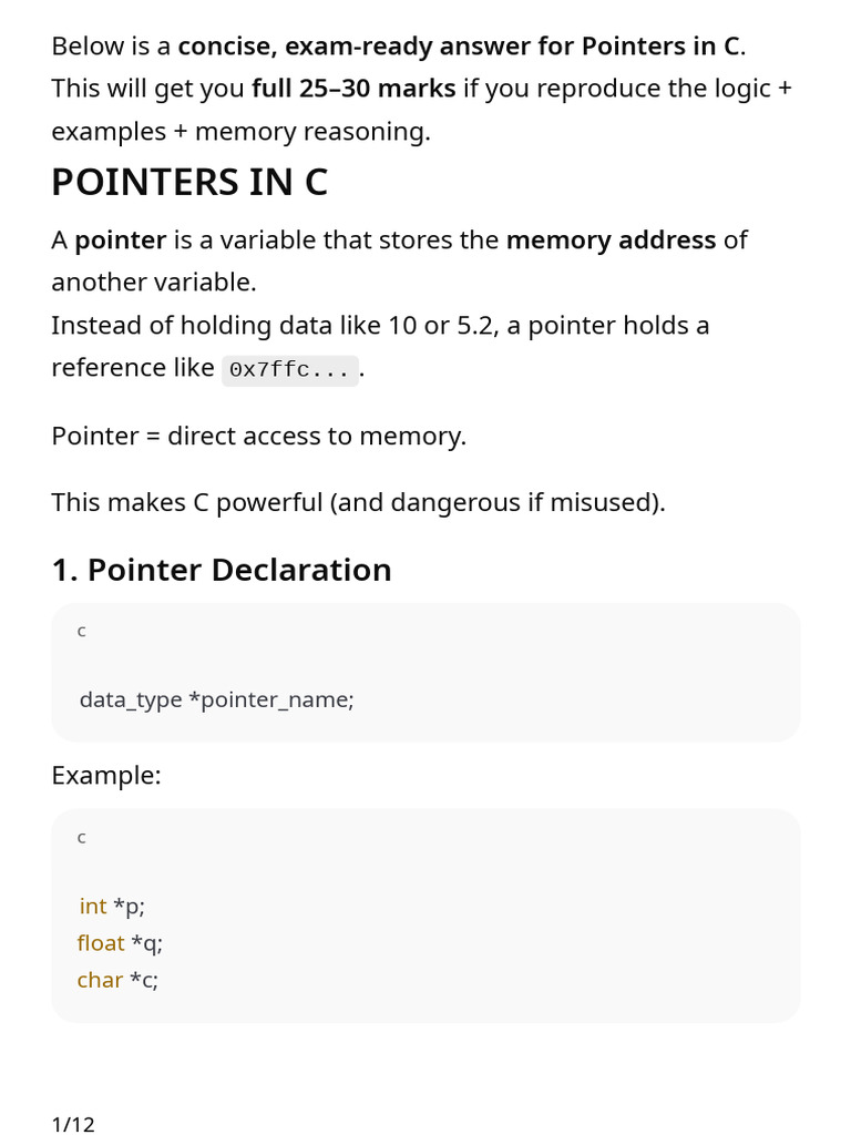 Pointers to Variables, Arrays and Functions | PDF | Pointer (Computer ...