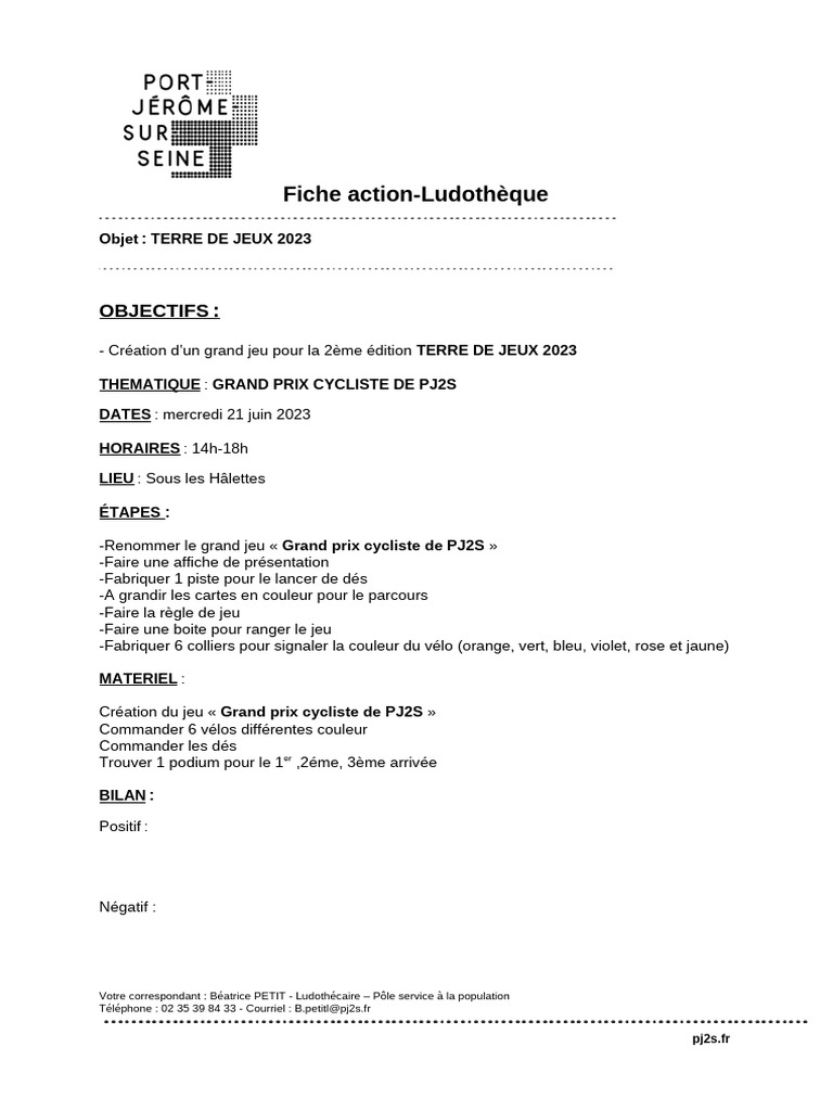 Fiche Action Terre Et Jeux 2023 | PDF