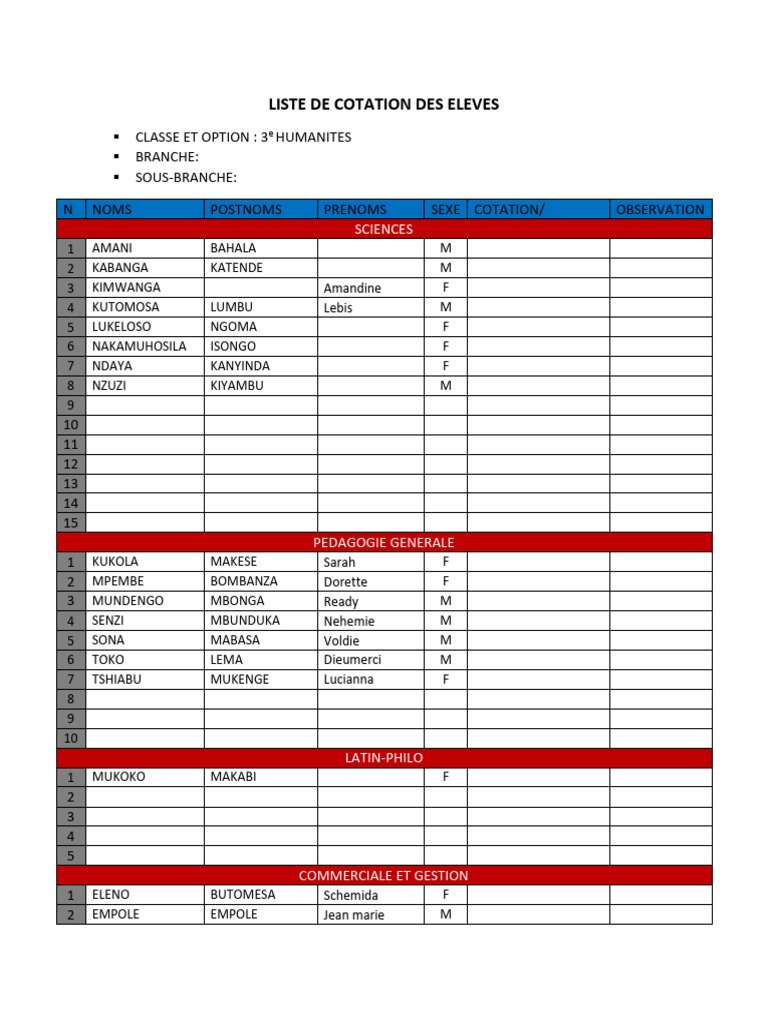 Liste de Cotation 3e Humanites | PDF